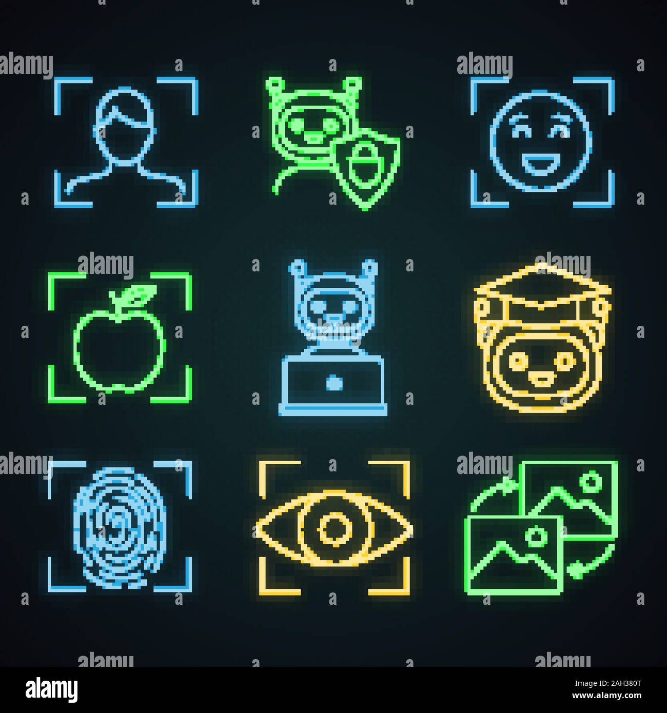 Machine Learning Neon Light Icons Set Artificial Intelligence Chatbot Face Retina