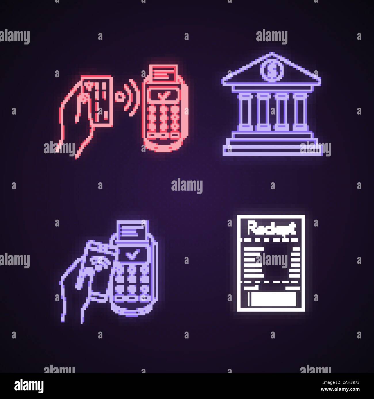 NFC payment neon light icons set. POS terminal, cash receipt, pay with ...