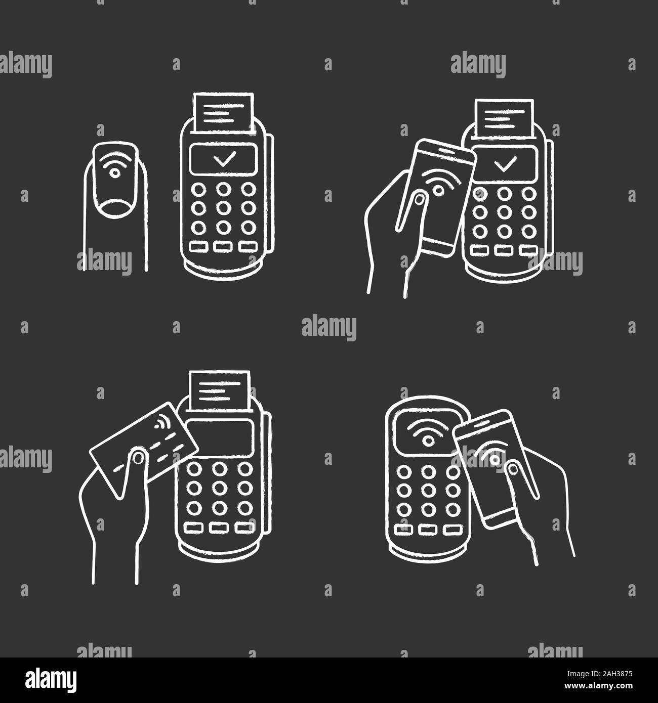 NFC payment chalk icons set. Pay with smartphone, credit card, POS ...