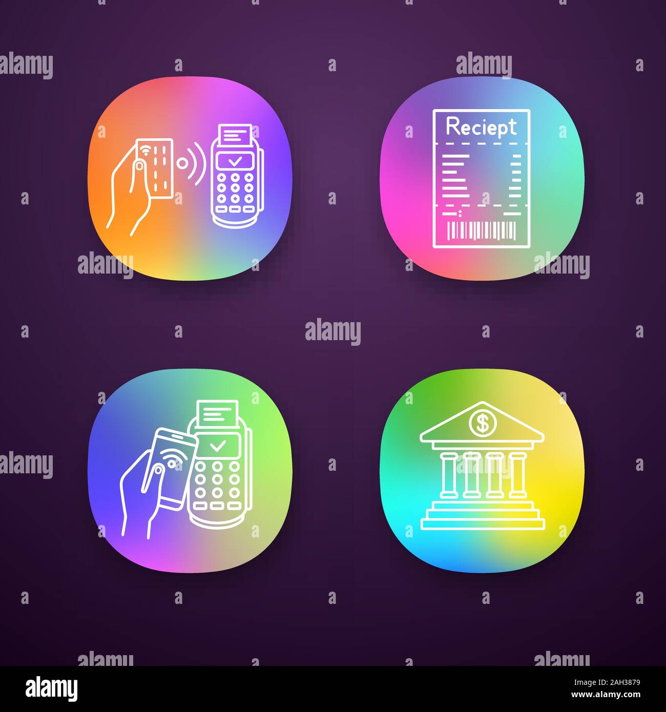 NFC payment app icons set. POS terminal, cash receipt, pay with smartphone, online banking. UI ...