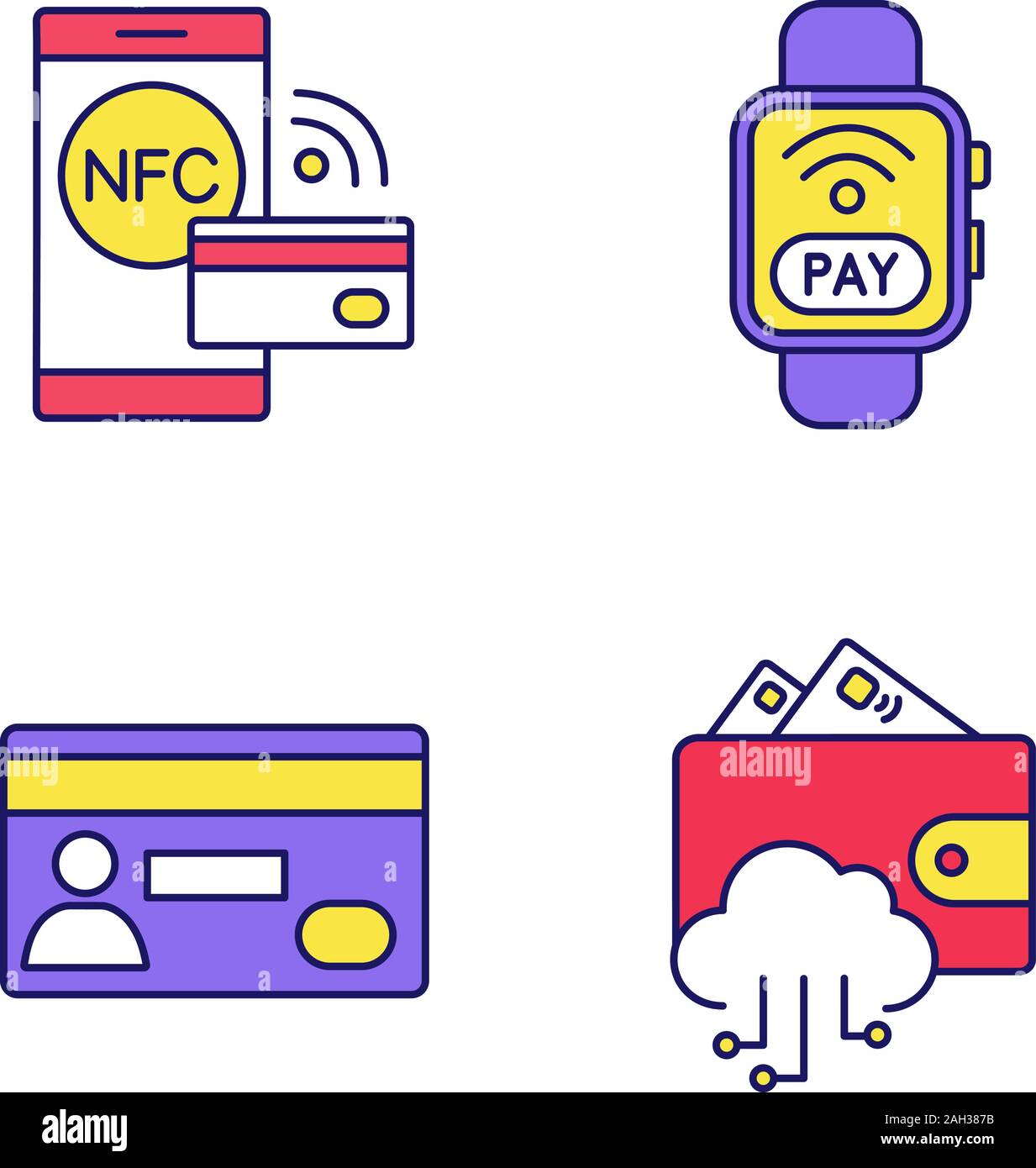 E-payment color icons set. NFC smartwatch, pay with smartphone, e ...