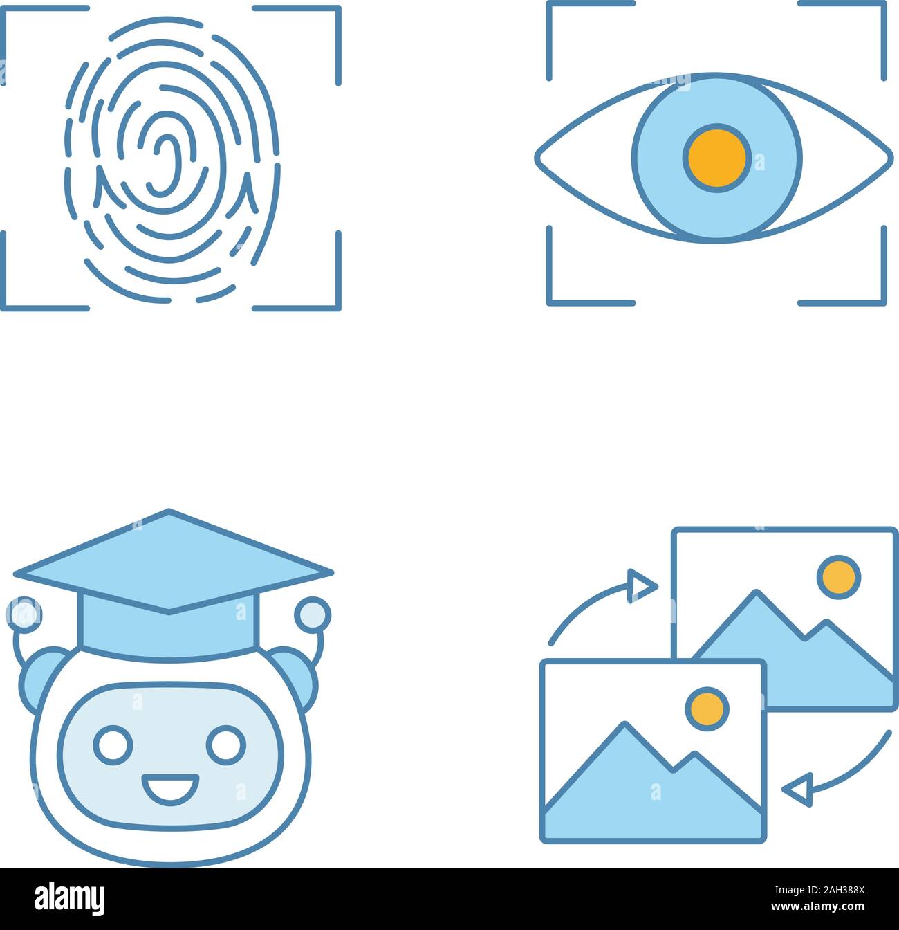 Machine learning color icons set. Fingerprint scanning, iris ...