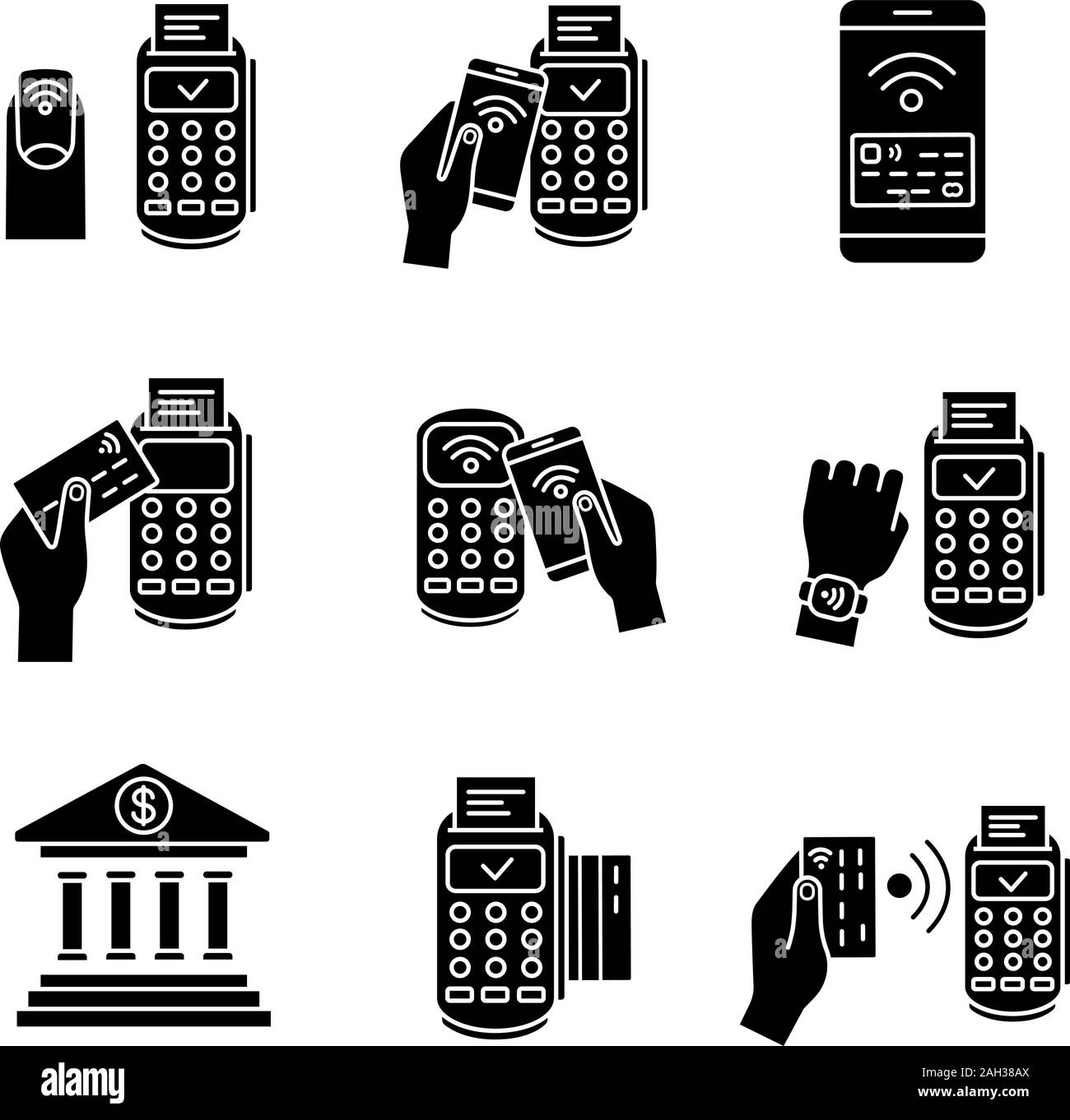 NFC payment glyph icons set. Pay with smartphone and credit card, online banking, POS terminal ...