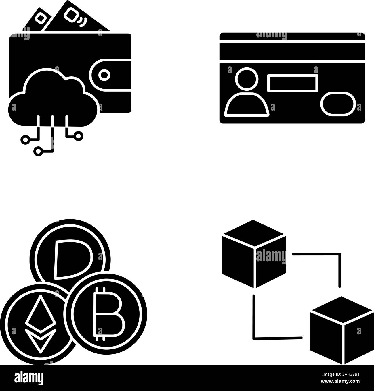 E-payment glyph icons set. E-wallet, credit card, cryptocurrency ...
