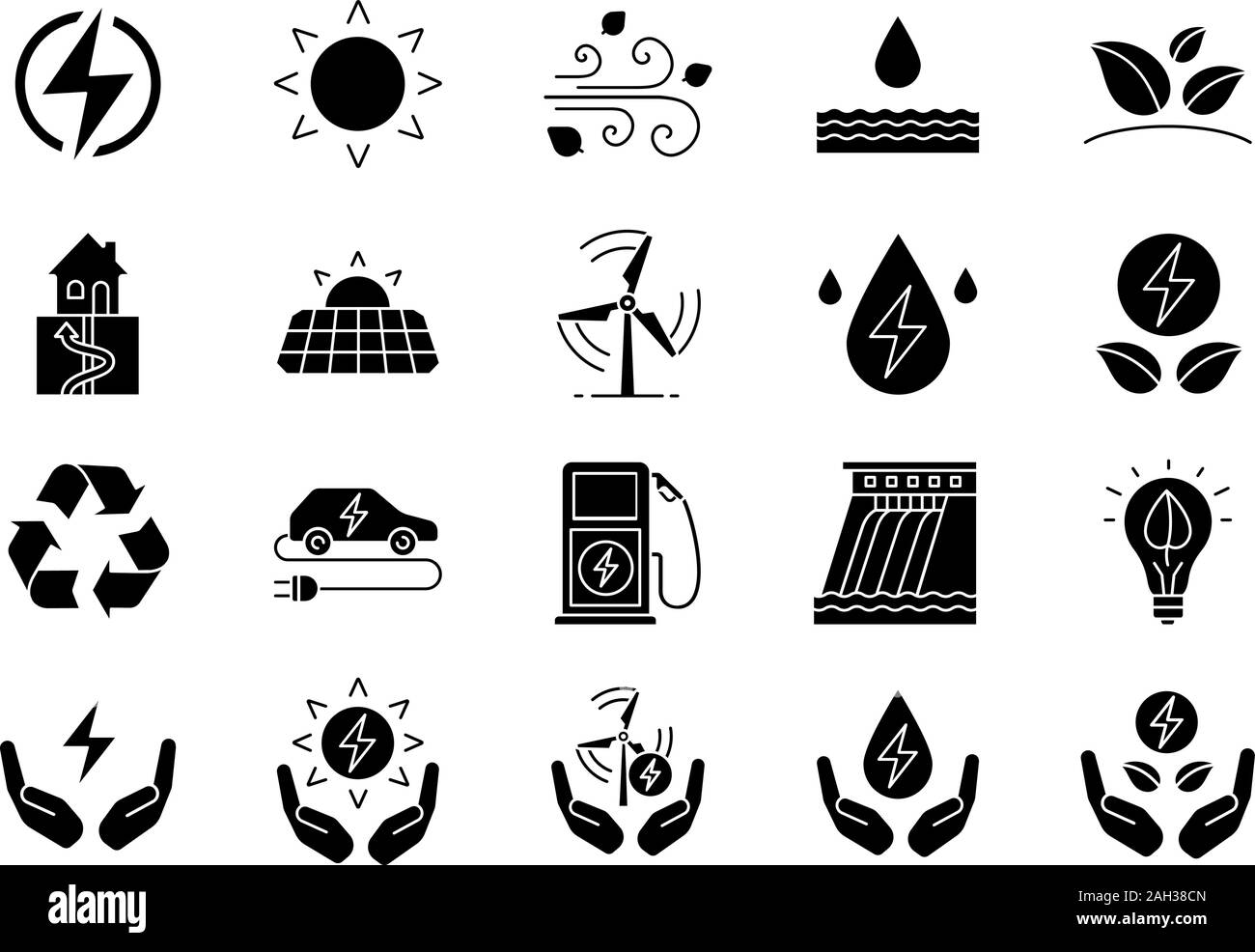 Alternative energy sources glyph icons set. Eco power. Renewable ...