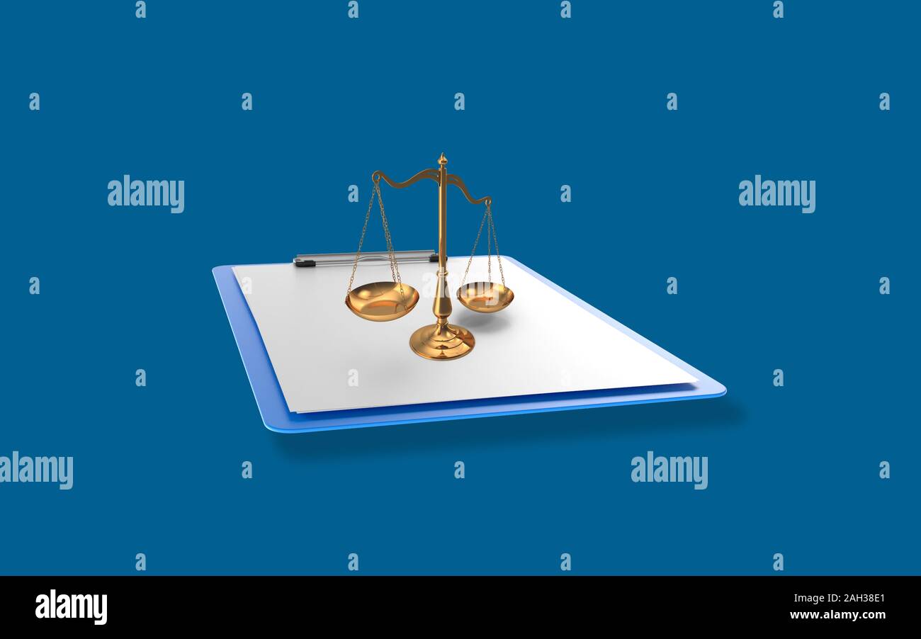 Scales symbol on a clipboard with white papers against blue background ...