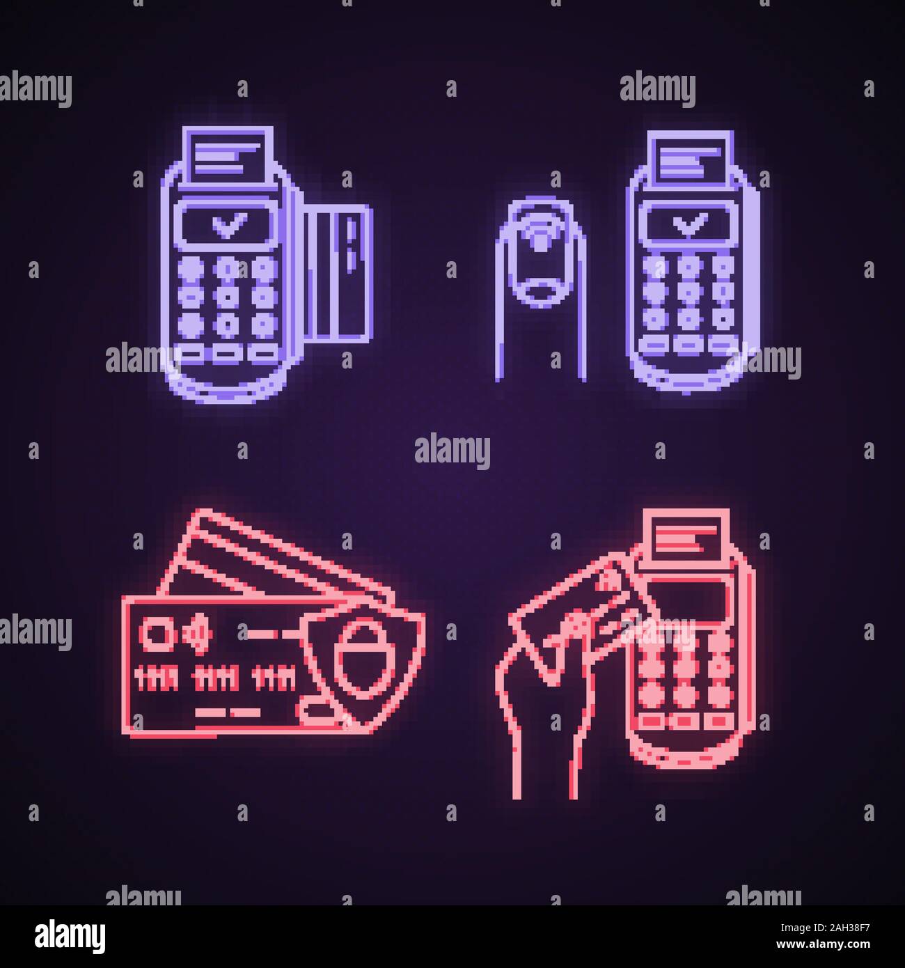 NFC payment neon light icons set. POS terminal, NFC manicure, credit ...
