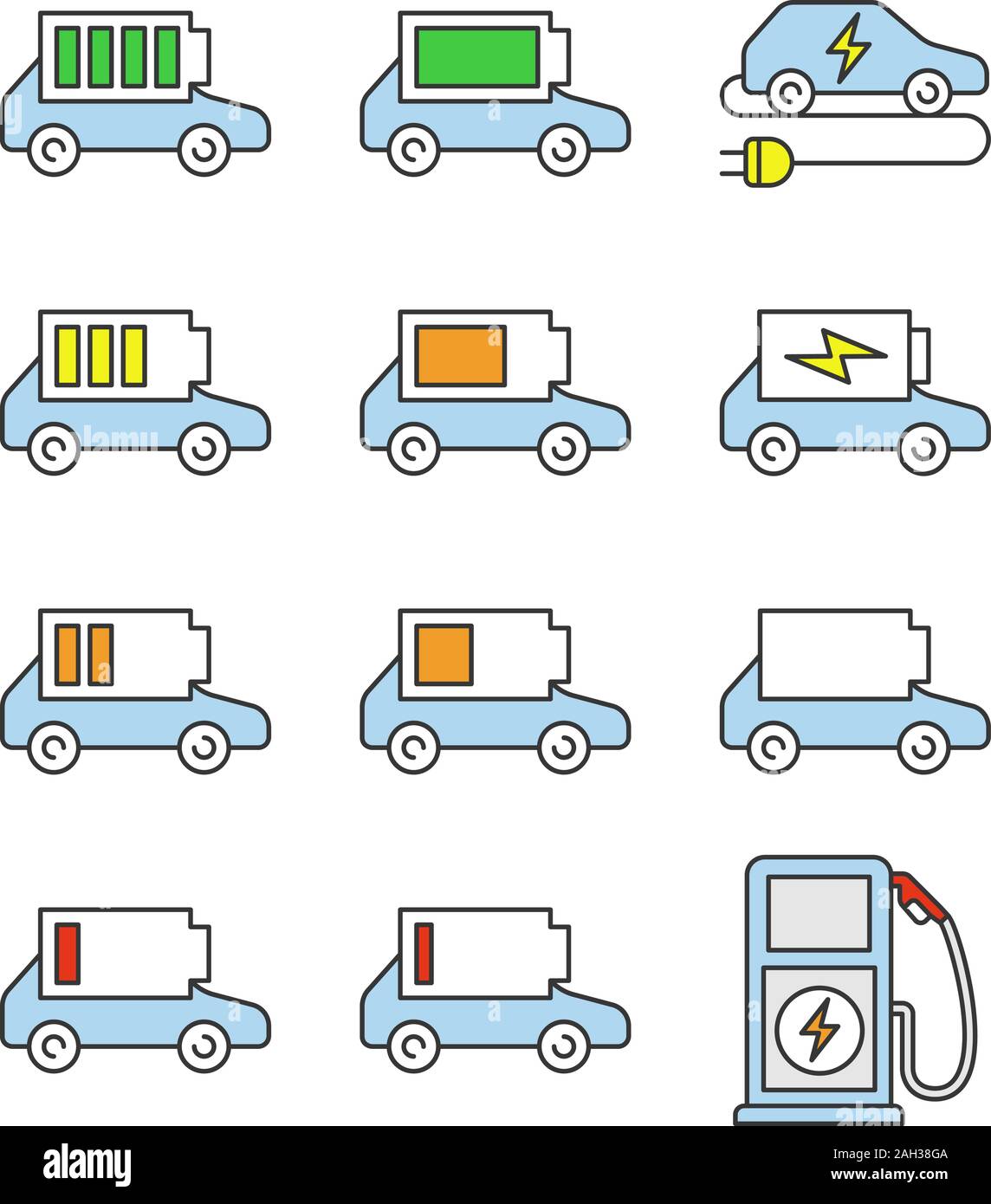 Electric car battery charging color icons set. Automobile battery level ...