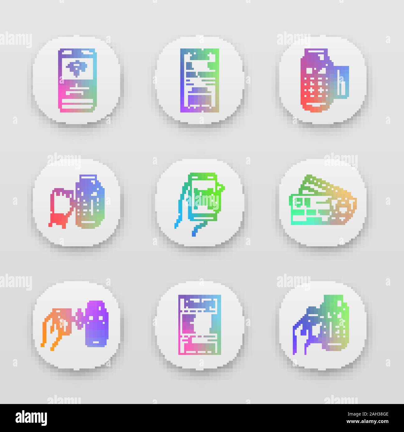 NFC payment app icons set. Pay with smartphone and credit card, cash receipt, POS terminal, QR ...