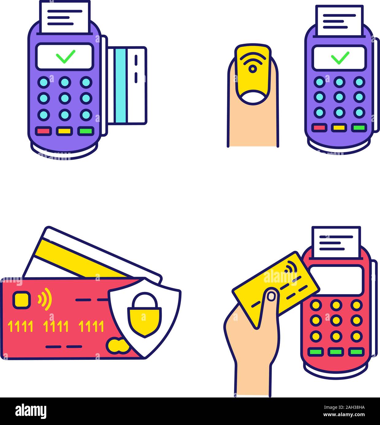 NFC payment color icons set. POS terminal, NFC manicure, credit cards ...