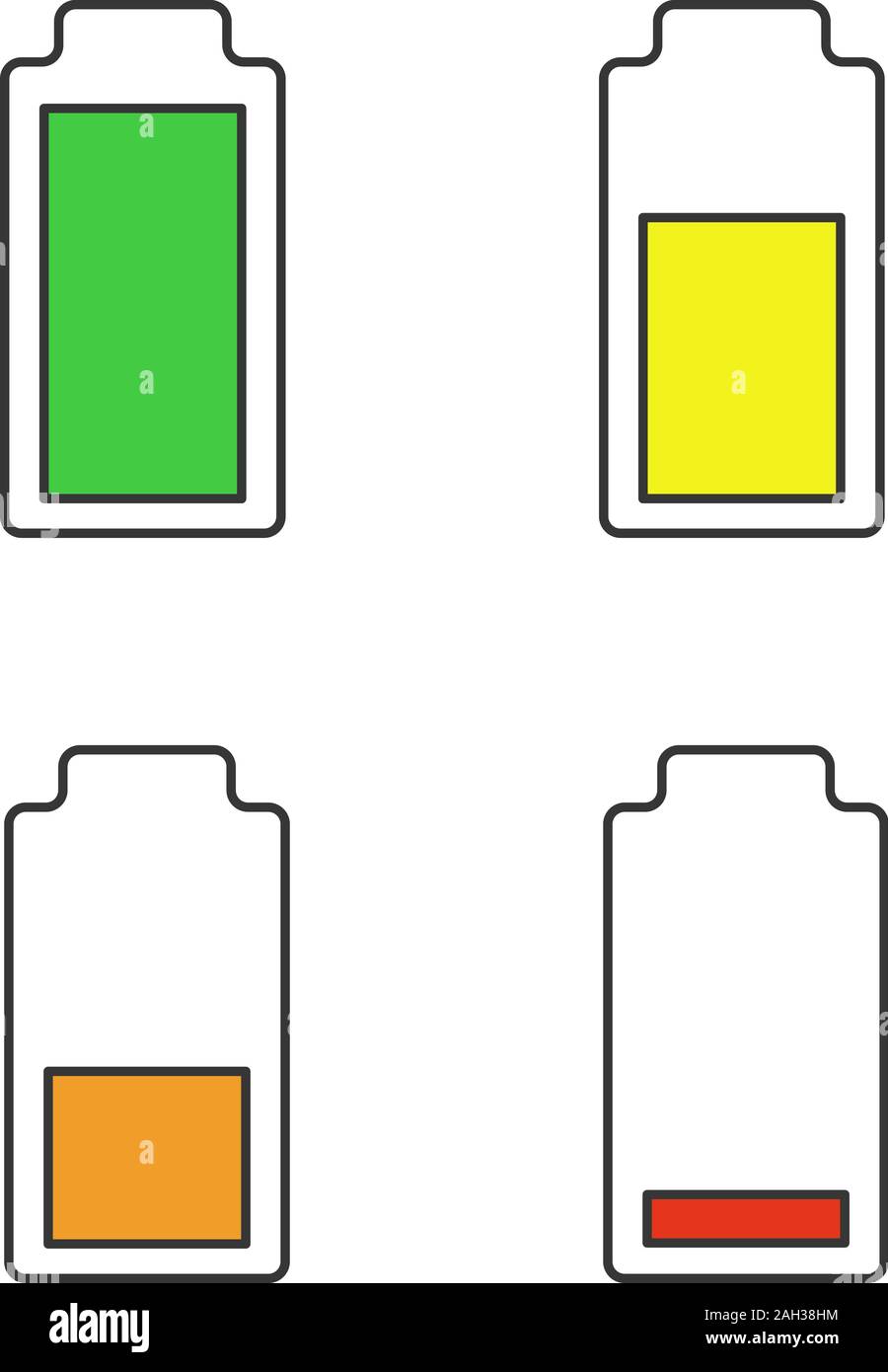 Battery charging color icons set. Battery level indicators. Low, middle ...