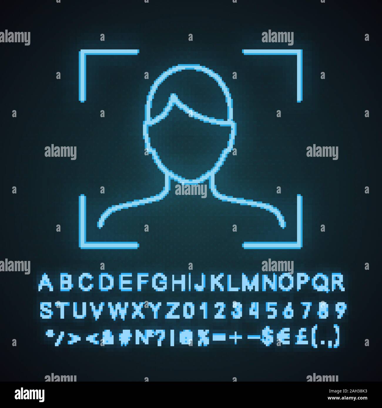 Facial recognition neon light icon. Face scan. Glowing sign with ...