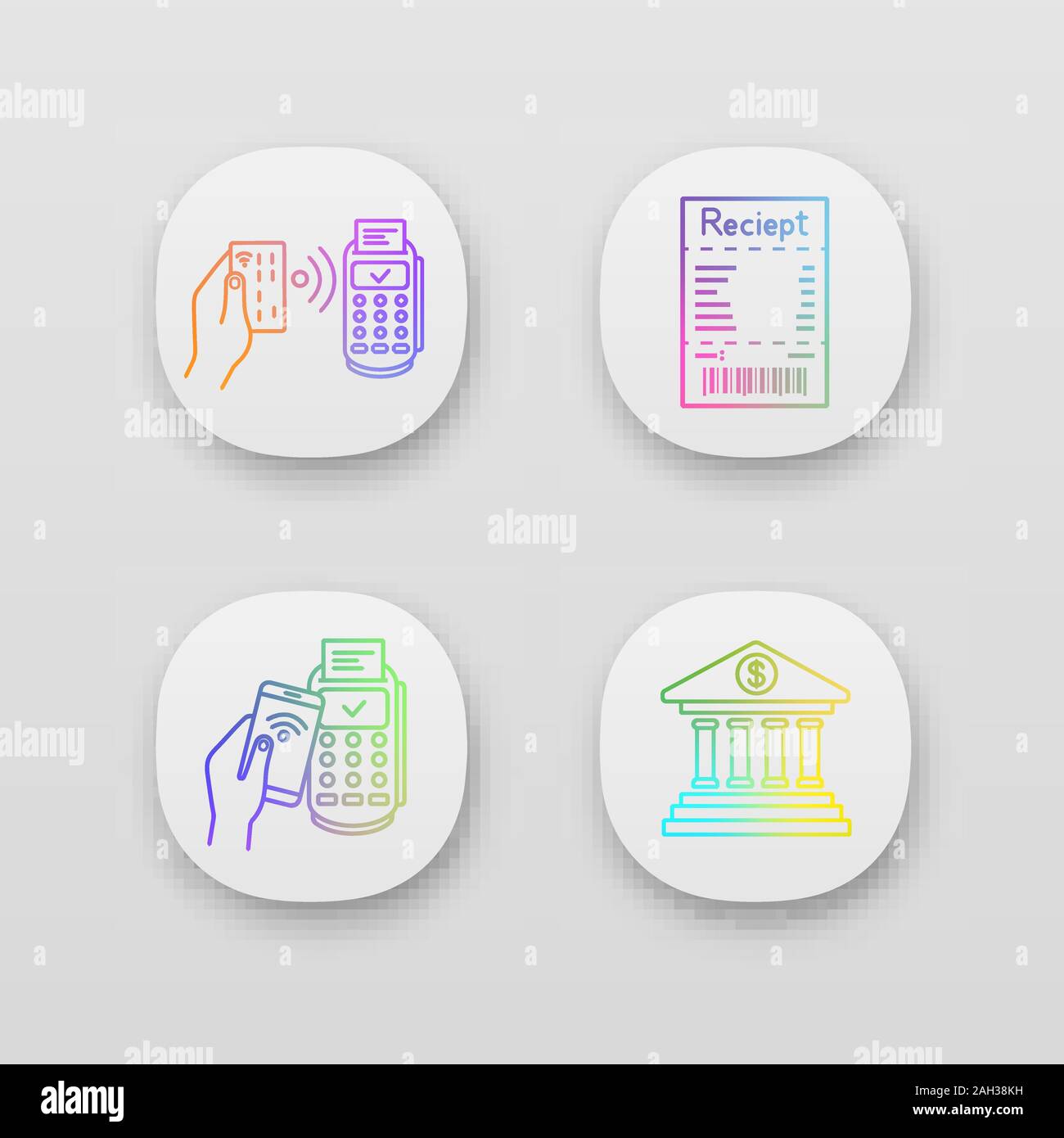 NFC payment app icons set. POS terminal, cash receipt, pay with smartphone, online banking. UI ...