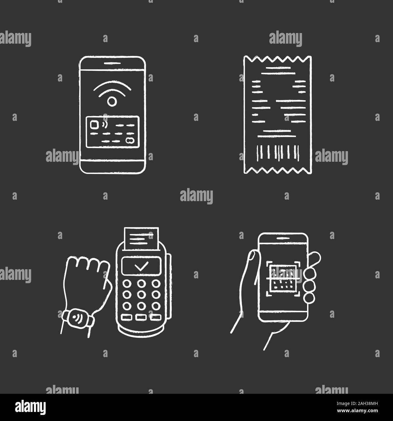 NFC payment chalk icons set. Cash receipt, QR code scanner, NFC ...