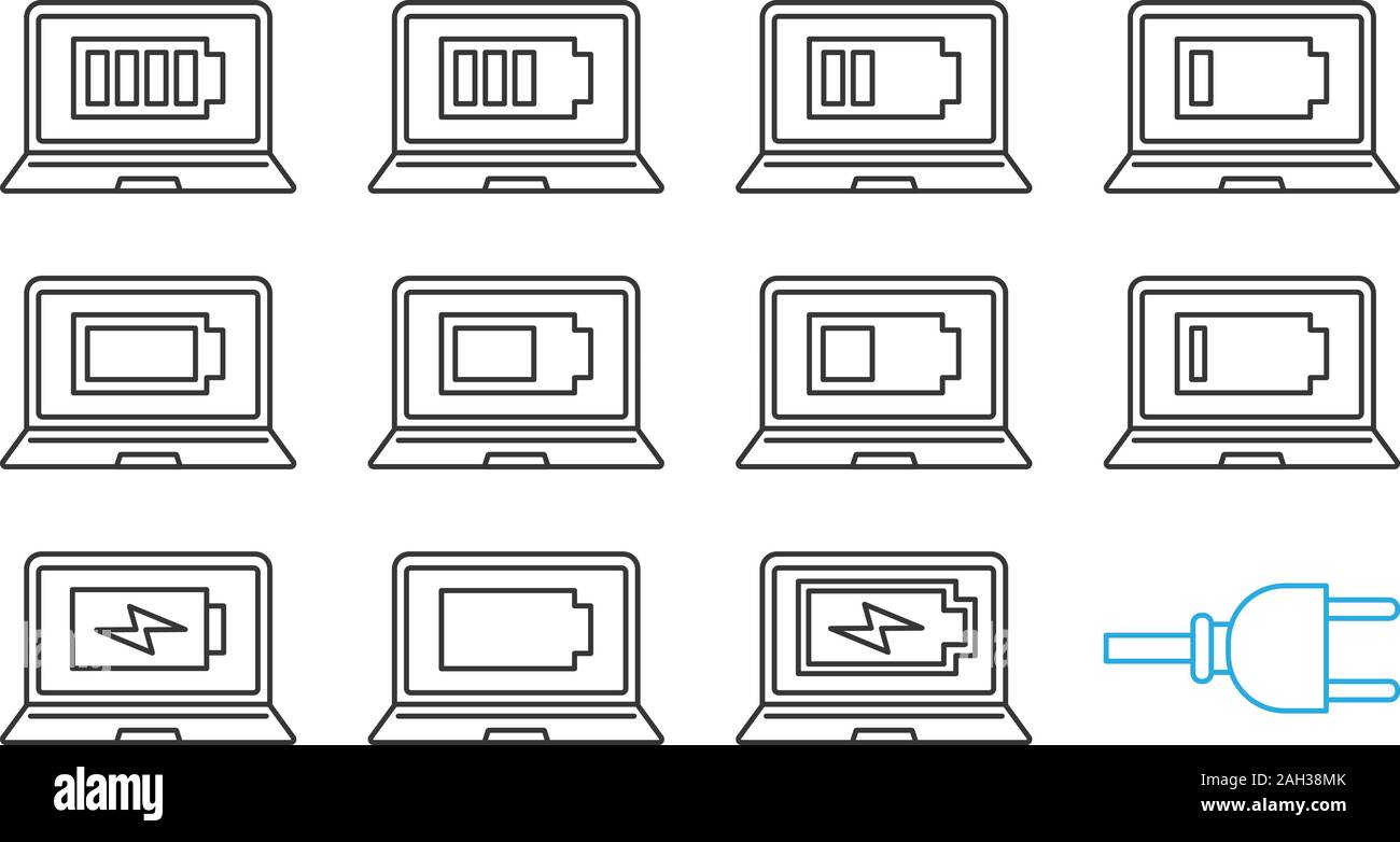 Laptop battery charging linear icons set. Computer high, low, middle ...