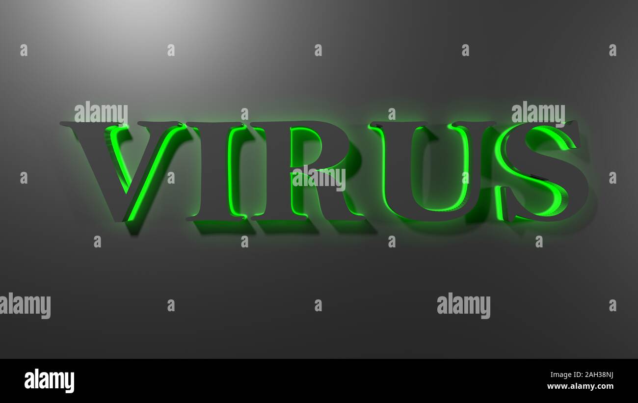 VIRUS black write with green backlight, on black background - 3D ...