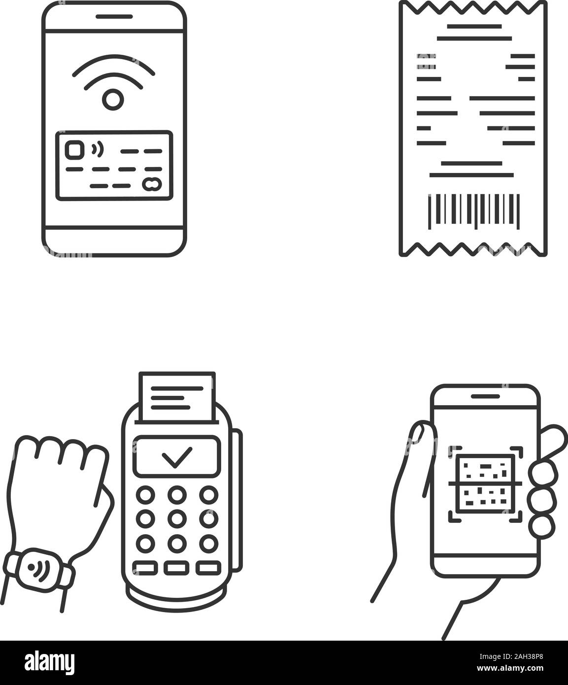 NFC payment linear icons set. Cash receipt, QR code scanner, NFC ...
