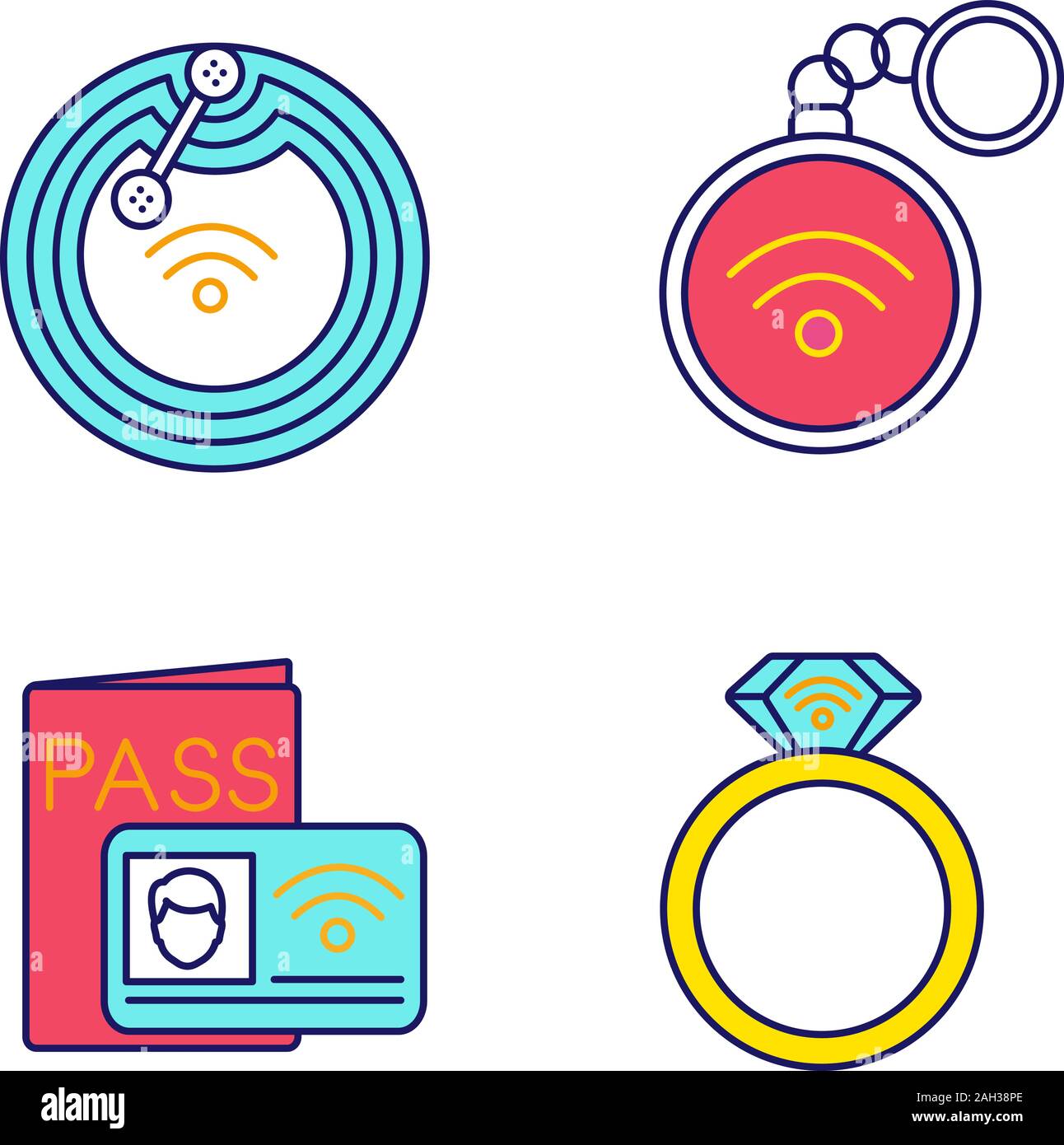 NFC technology color icons set. Near field chip, trinket ...