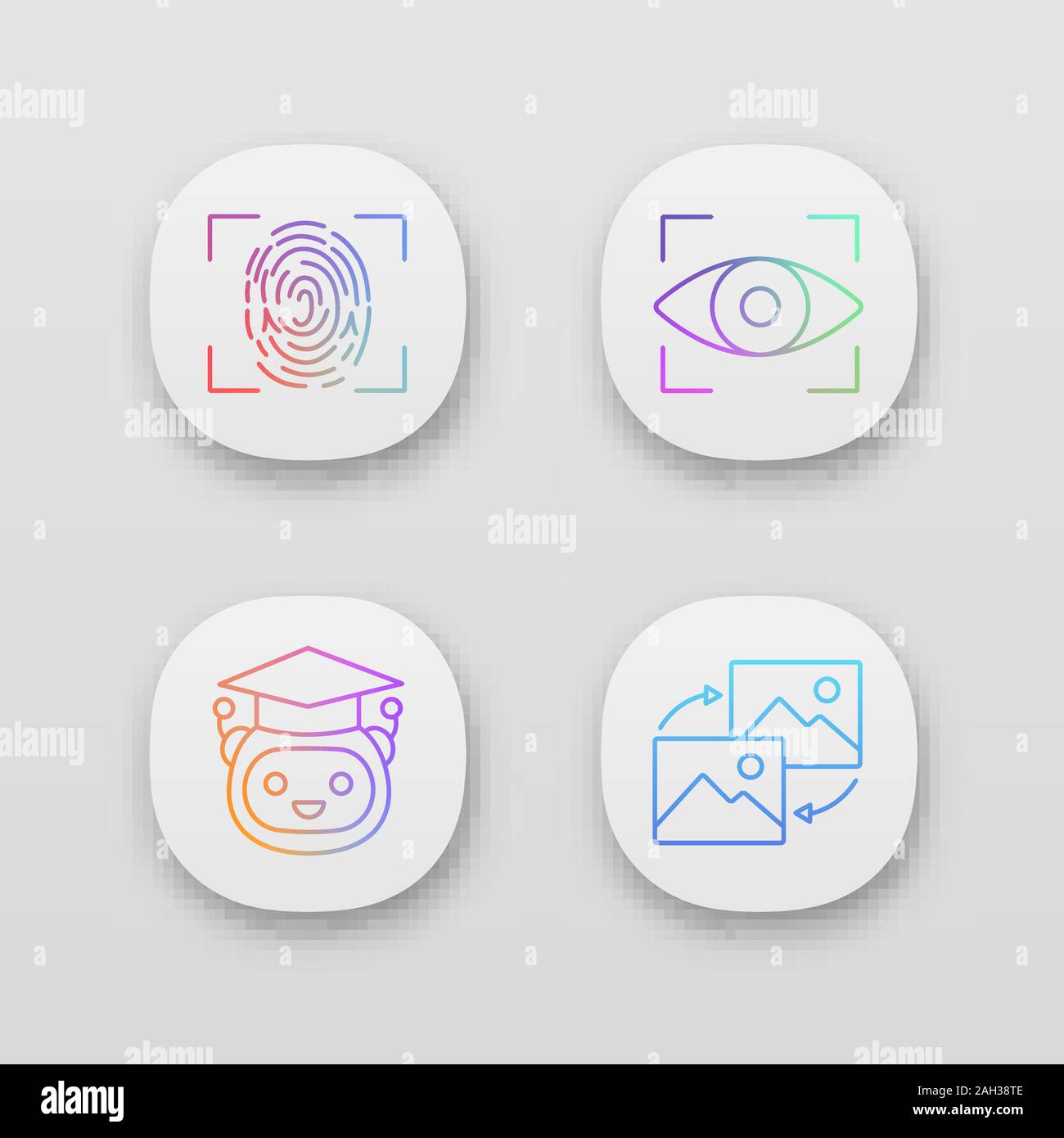 Machine Learning App Icons Set Fingerprint Scanning Iris Recognition Teacher Bot Data