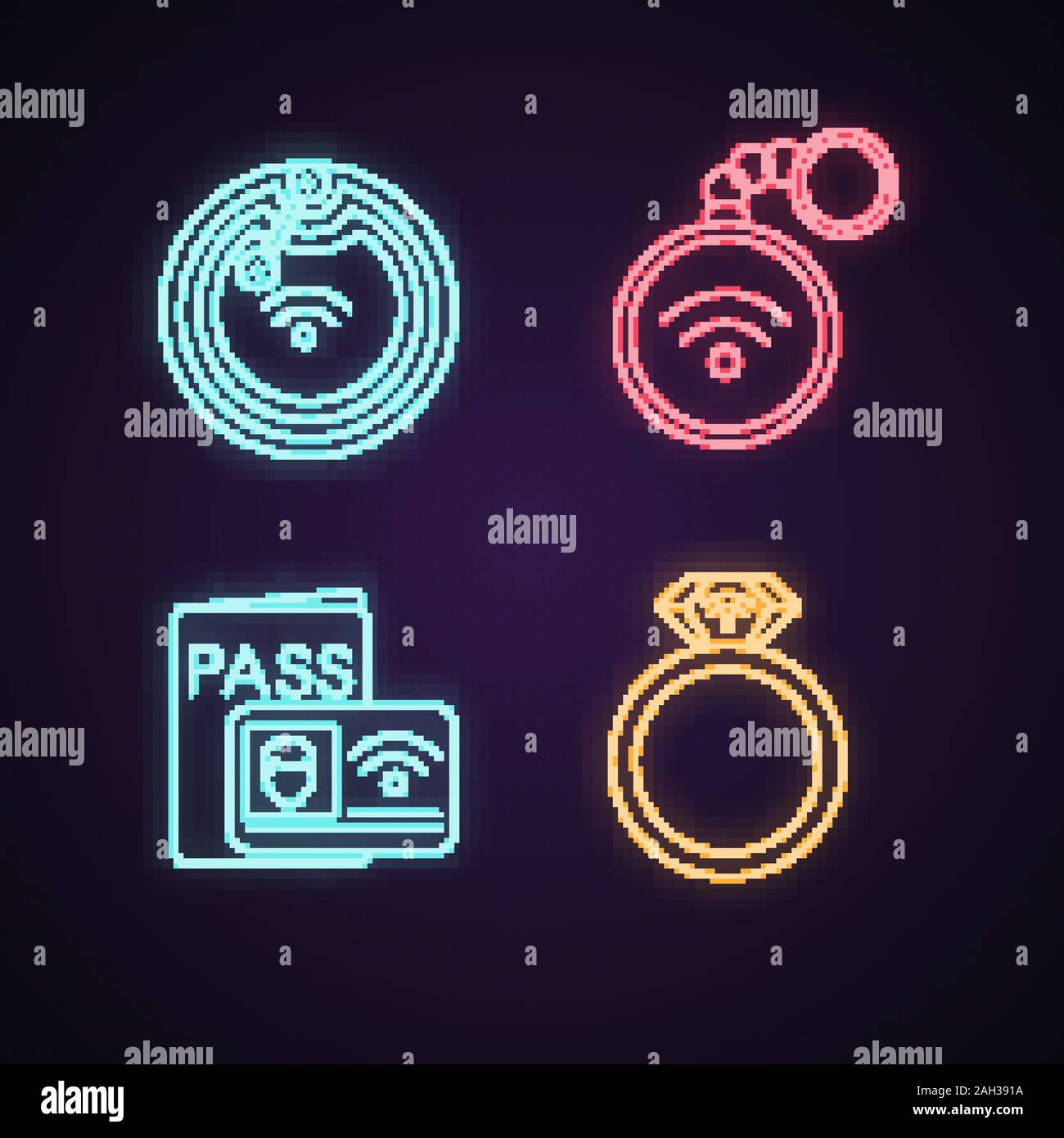 NFC technology neon light icons set. Near field chip, trinket ...