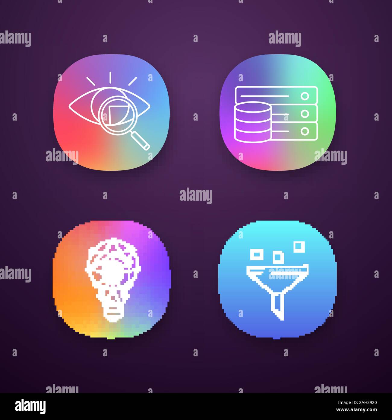 Machine Learning App Icons Set Retina Scan Database Innovation Process Data Filtering Uiux