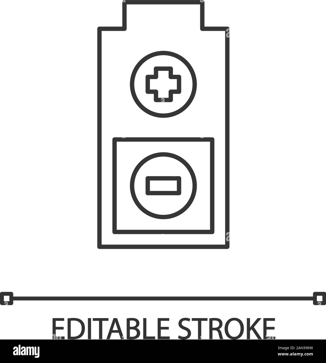 Battery with plus and minus signs linear icon. Thin line illustration ...