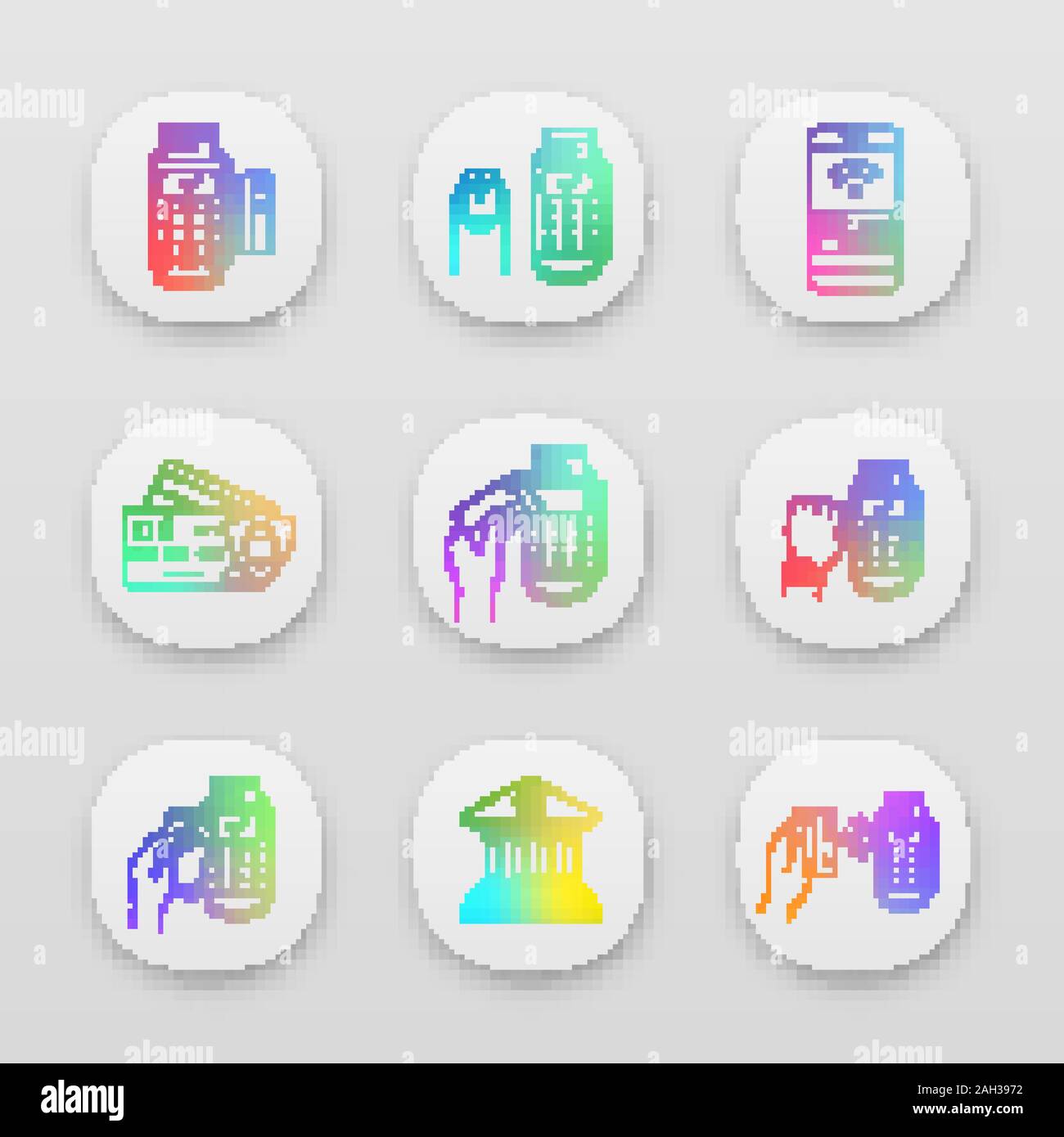 NFC payment app icons set. POS terminal, online banking, pay with smartphone or credit card ...