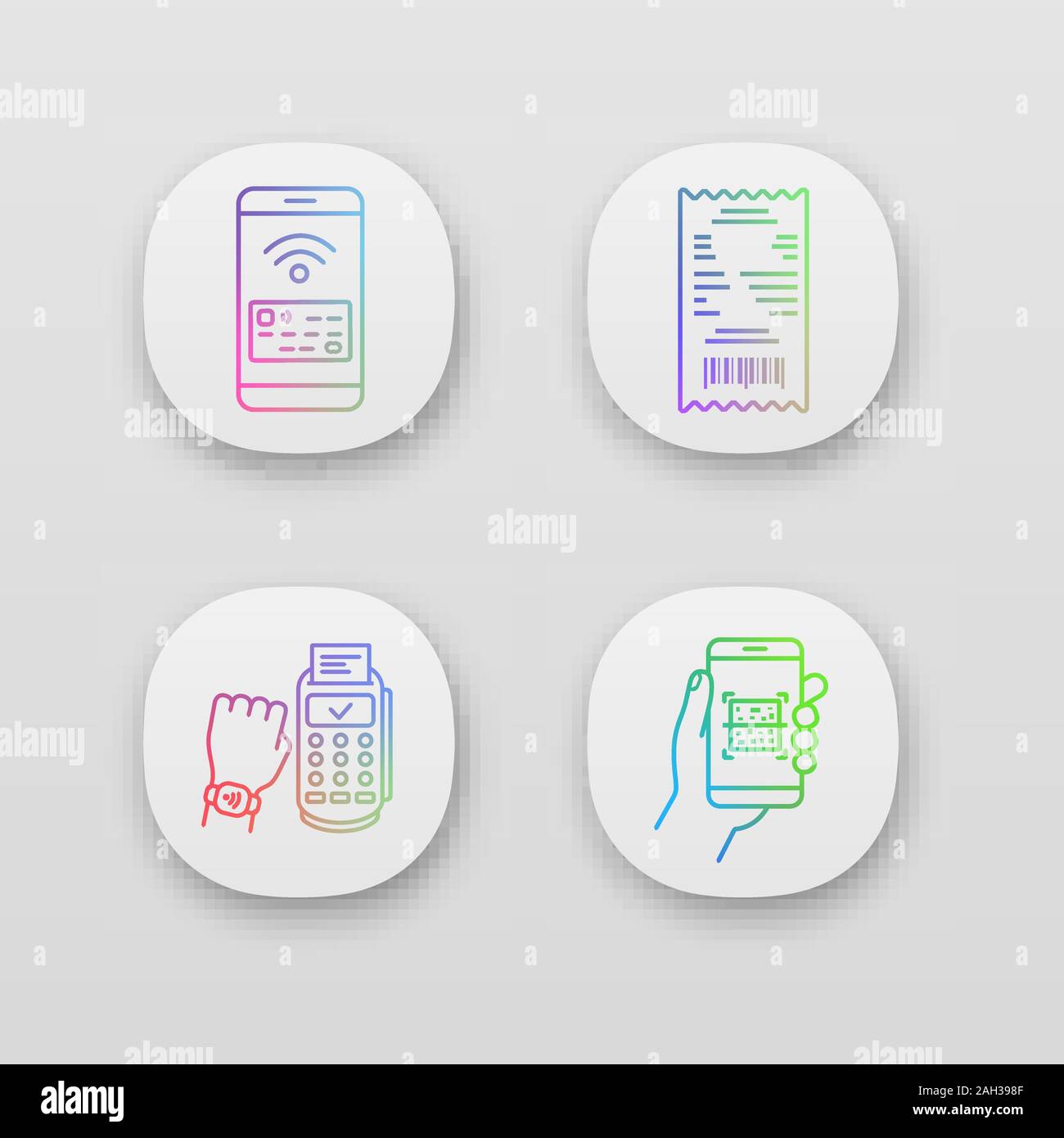 NFC payment app icons set. Cash receipt, QR code scanner, NFC ...