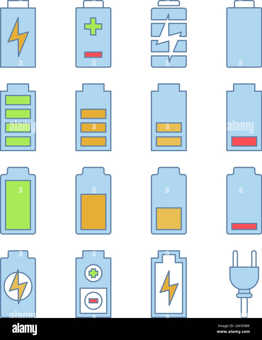 Battery charging color icons set. Battery level indicators. Low, middle ...