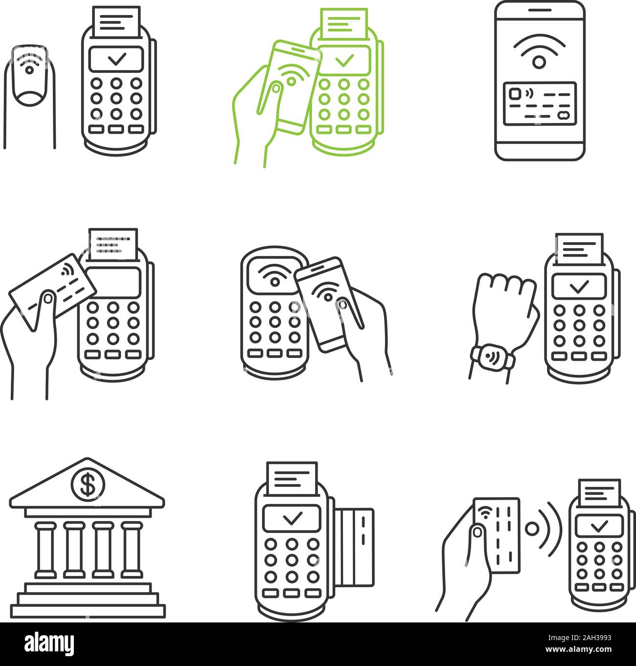 NFC payment linear icons set. Pay with smartphone and credit card ...