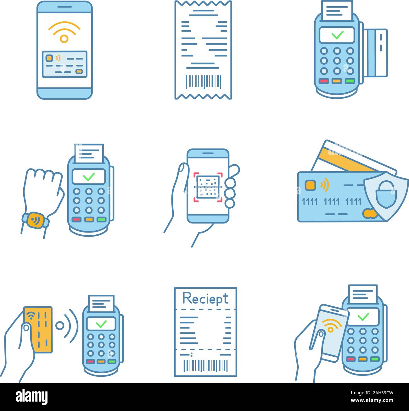 NFC payment color icons set. Pay with smartphone and credit card, cash ...