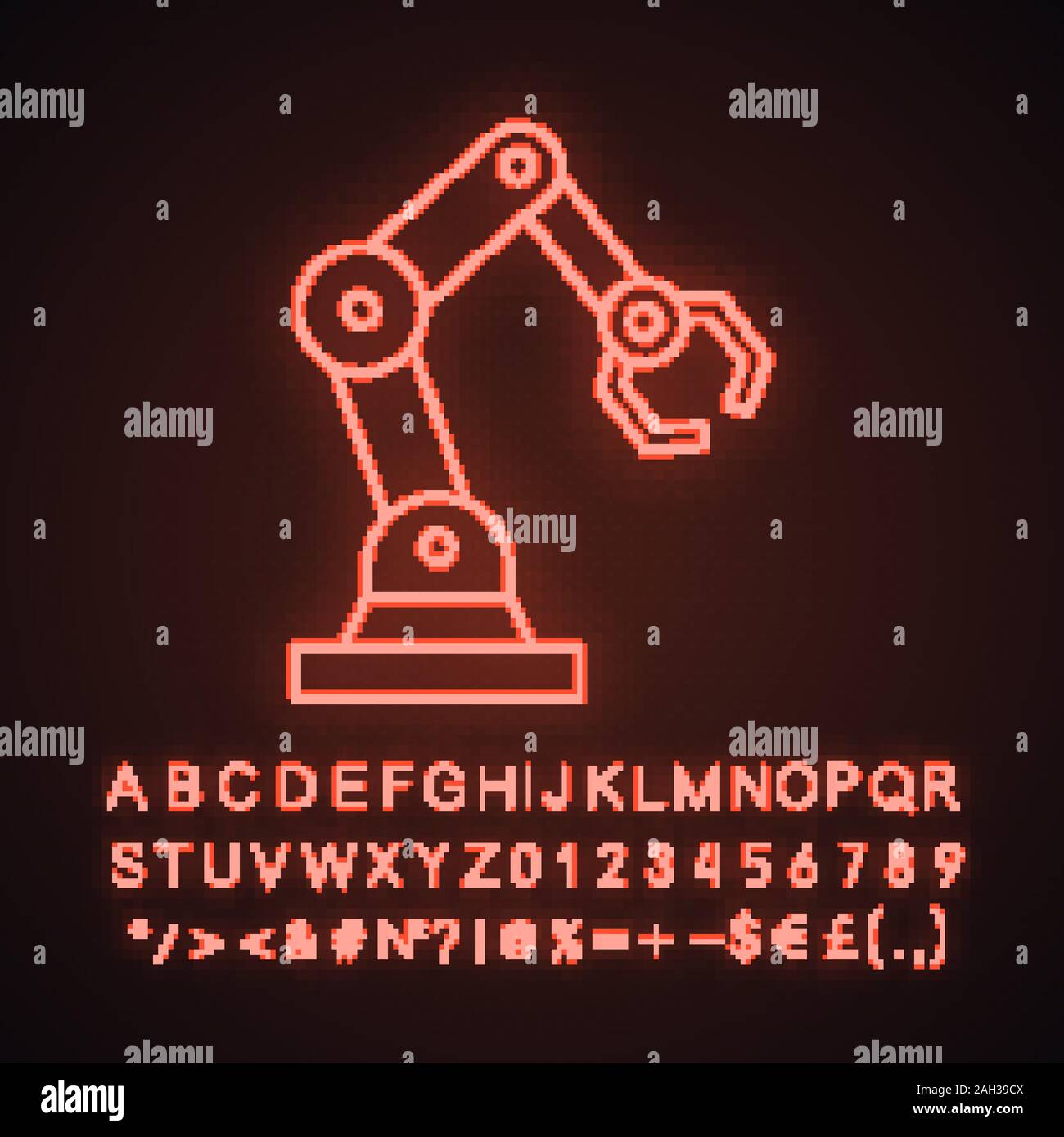 Industrial robotic arm neon light icon. Robot hand. Glowing sign with ...