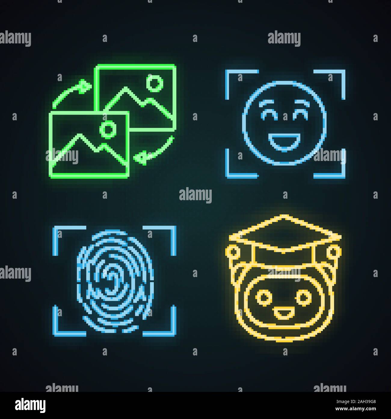 Machine Learning Neon Light Icons Set Data Transforming Emotion Detection Fingerprint