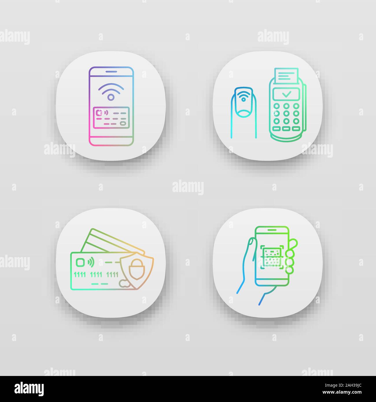 NFC payment app icons set. UI/UX user interface. Pay with smartphone, NFC manicure, credit cards ...