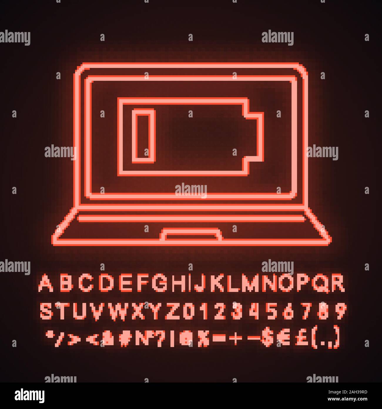 Discharged laptop neon light icon. Computer low battery. Notebook ...