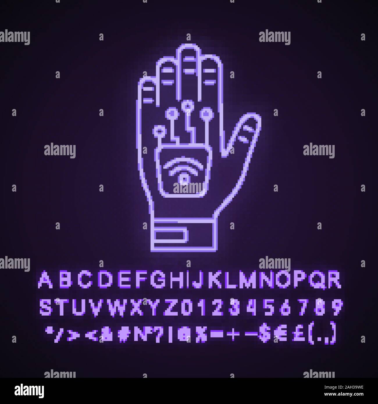 Human microchip implant in hand neon light icon. NFC implant. Implanted ...