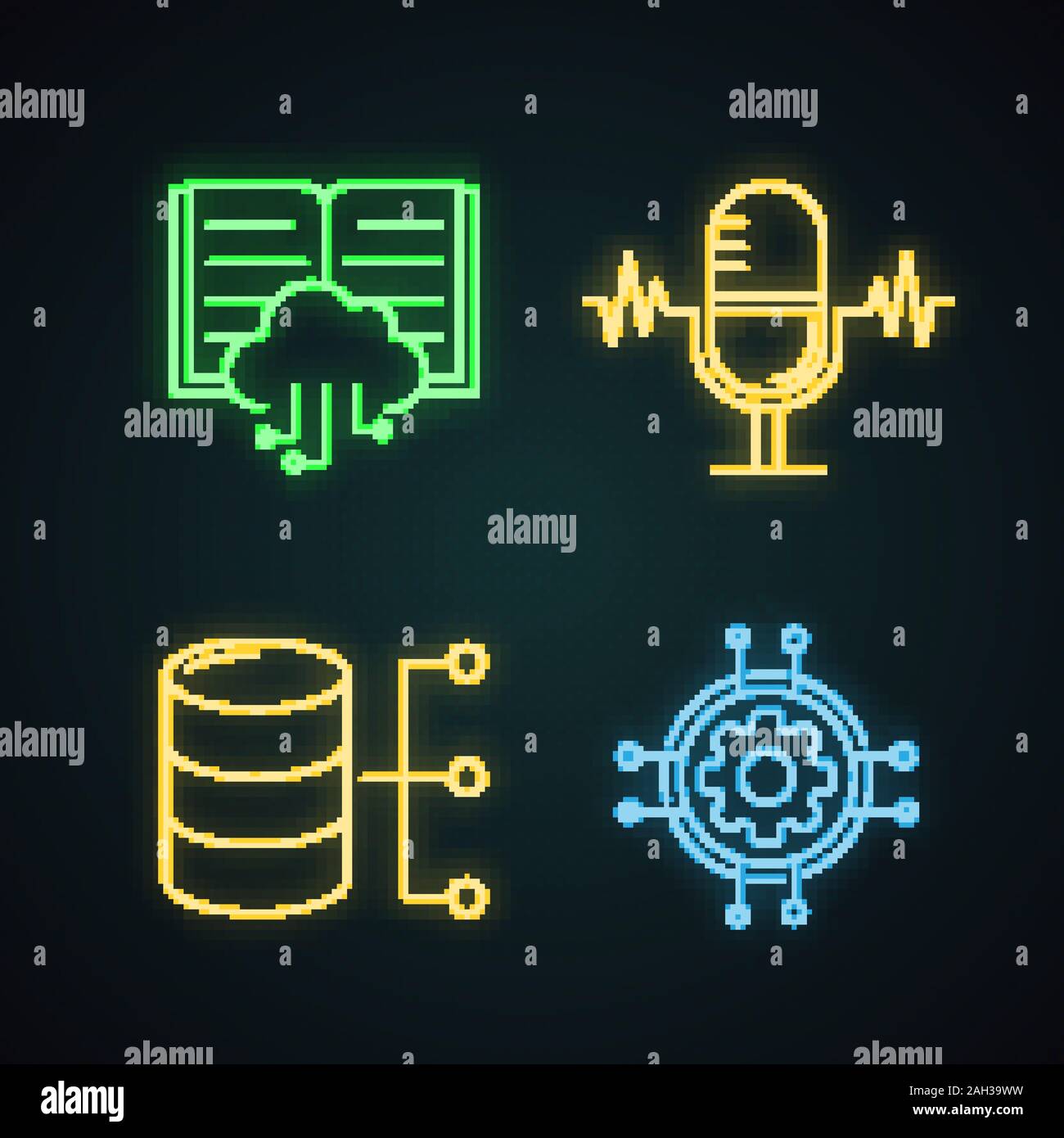 Machine learning neon light icons set. Voice recognition, cloud computing, relational database ...
