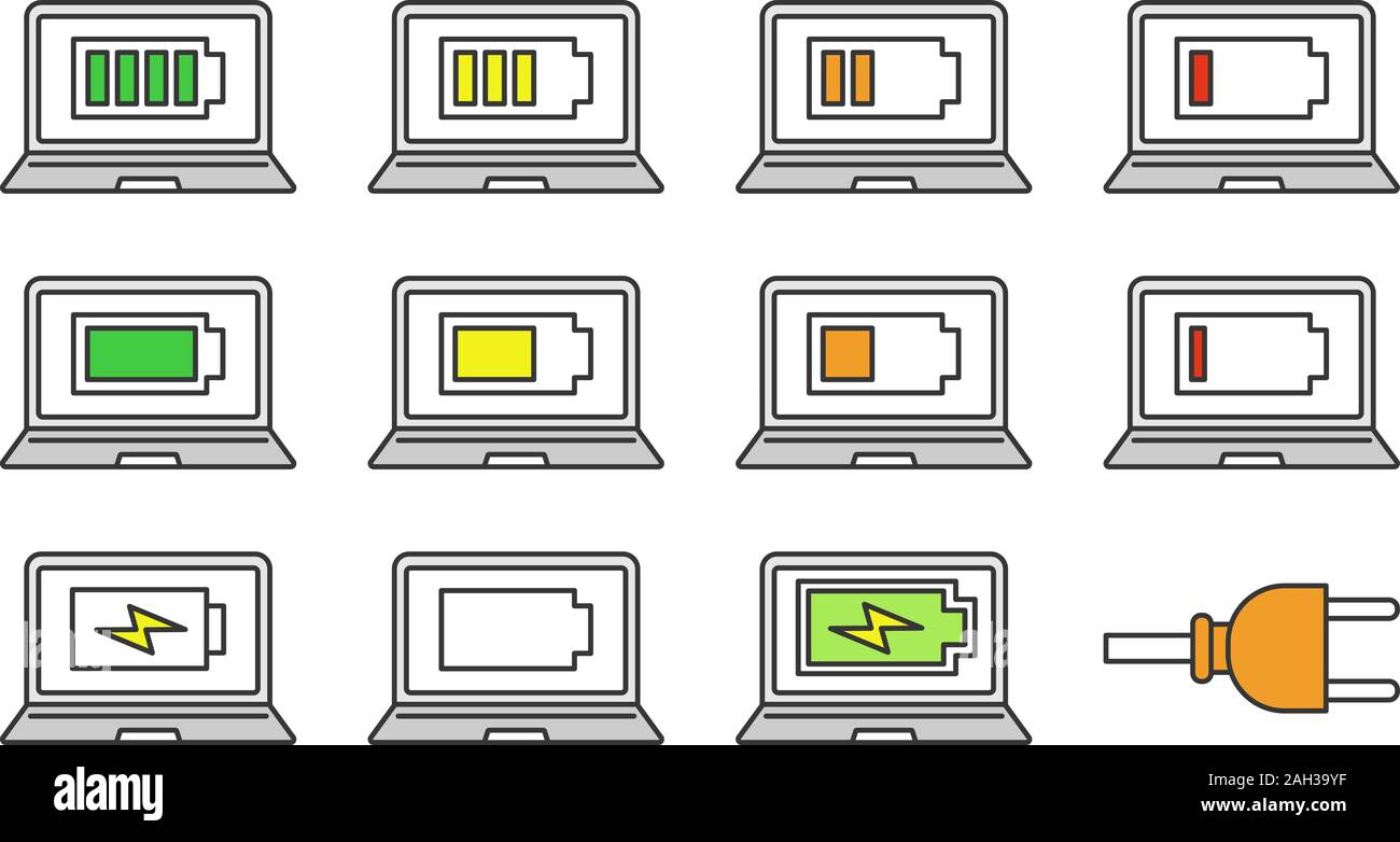 Laptop battery charging color icons set. Computer high, low, middle ...