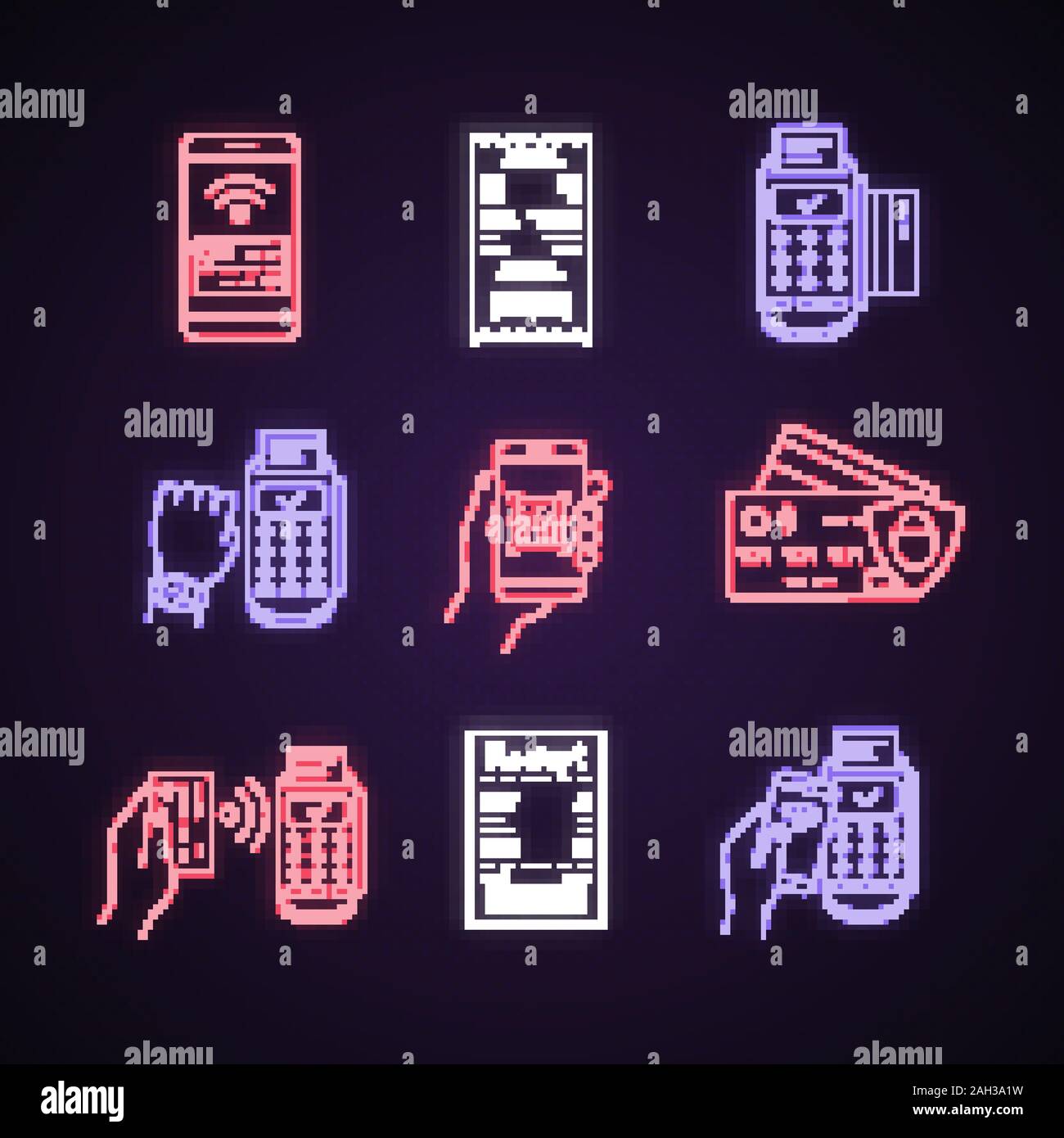 NFC payment neon light icons set. Pay with smartphone and credit card ...