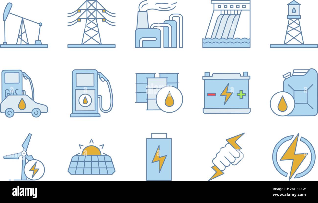 Electric energy color icons set. Electricity. Power generation and ...