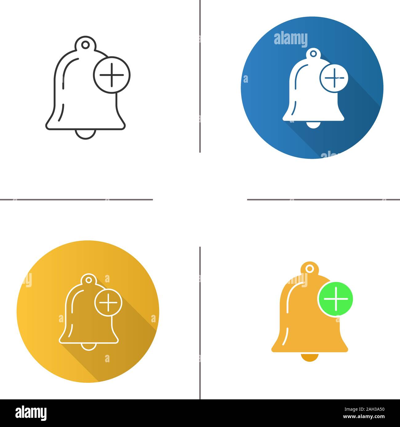 Add alert icon. Bell with plus sign. Notification. Reminder alarm. Flat ...