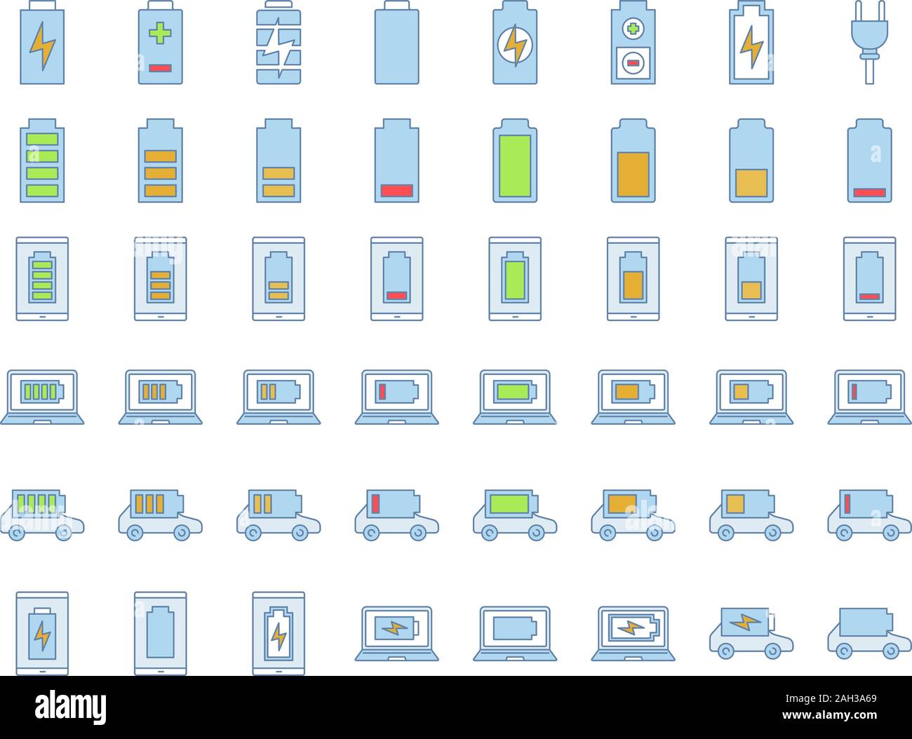 Battery charging color icons set. Smartphone, laptop and electric car ...
