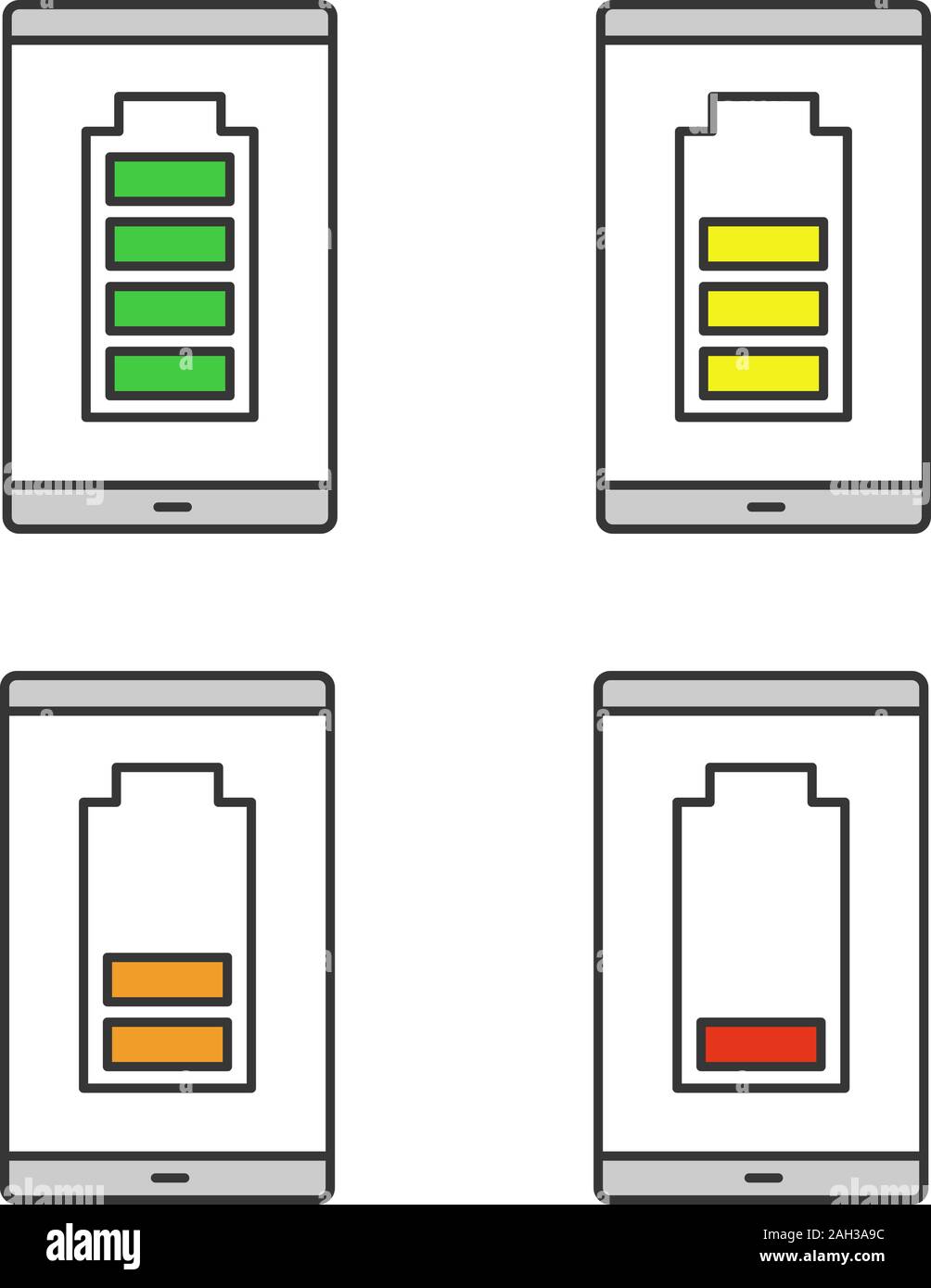 Smartphone battery charging color icons set. Mobile phone battery level ...