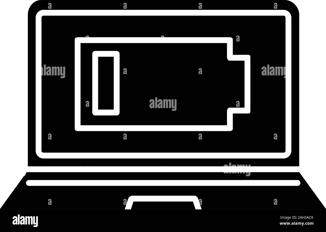 Discharged laptop glyph icon. Computer low battery. Notebook battery ...