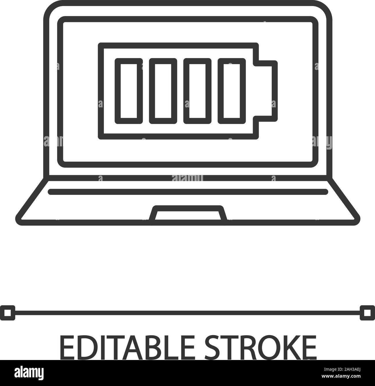 Fully charged laptop battery linear icon. Computer charge completed ...