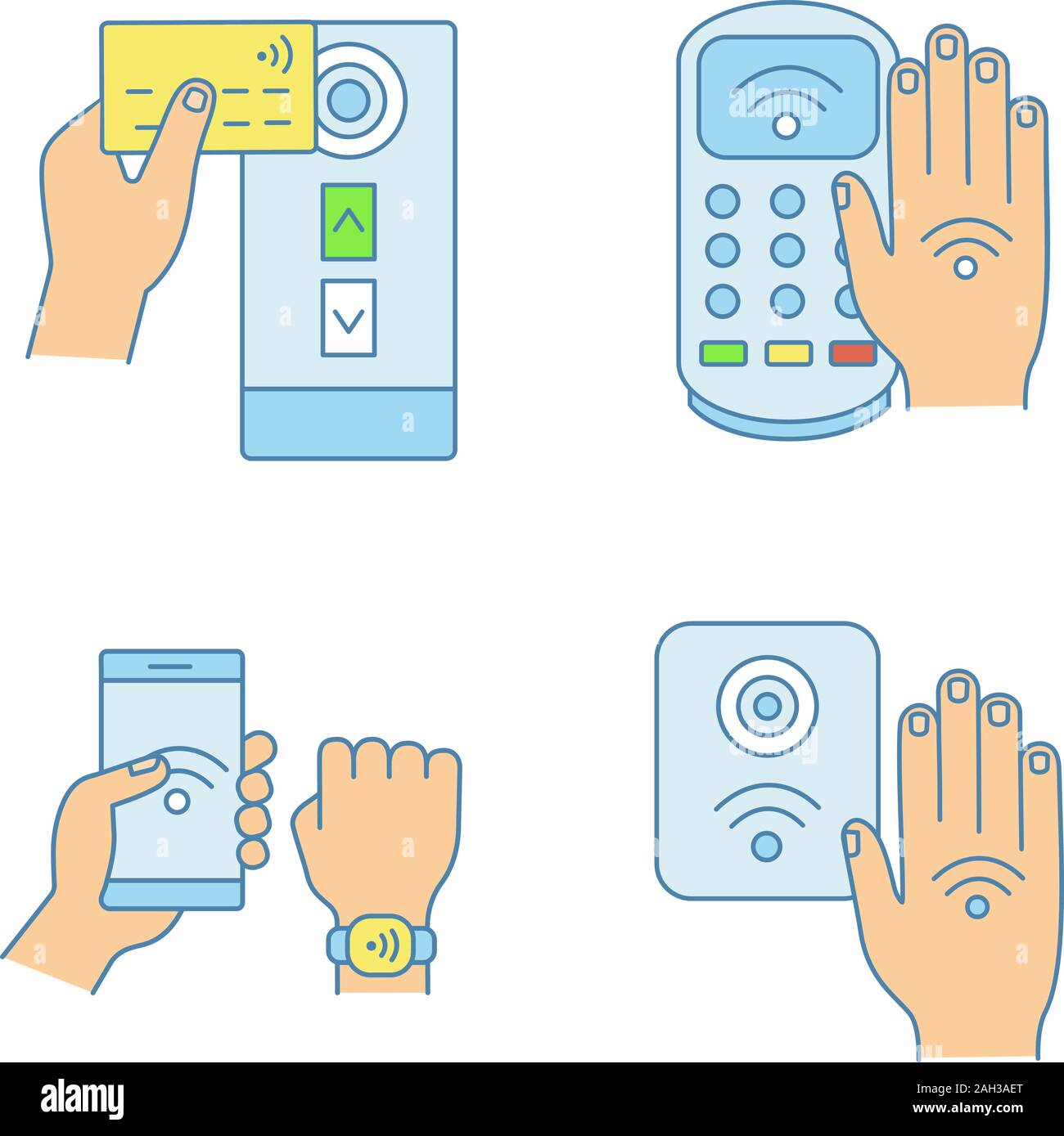 NFC technology color icons set. Near field credit card reader, payment ...