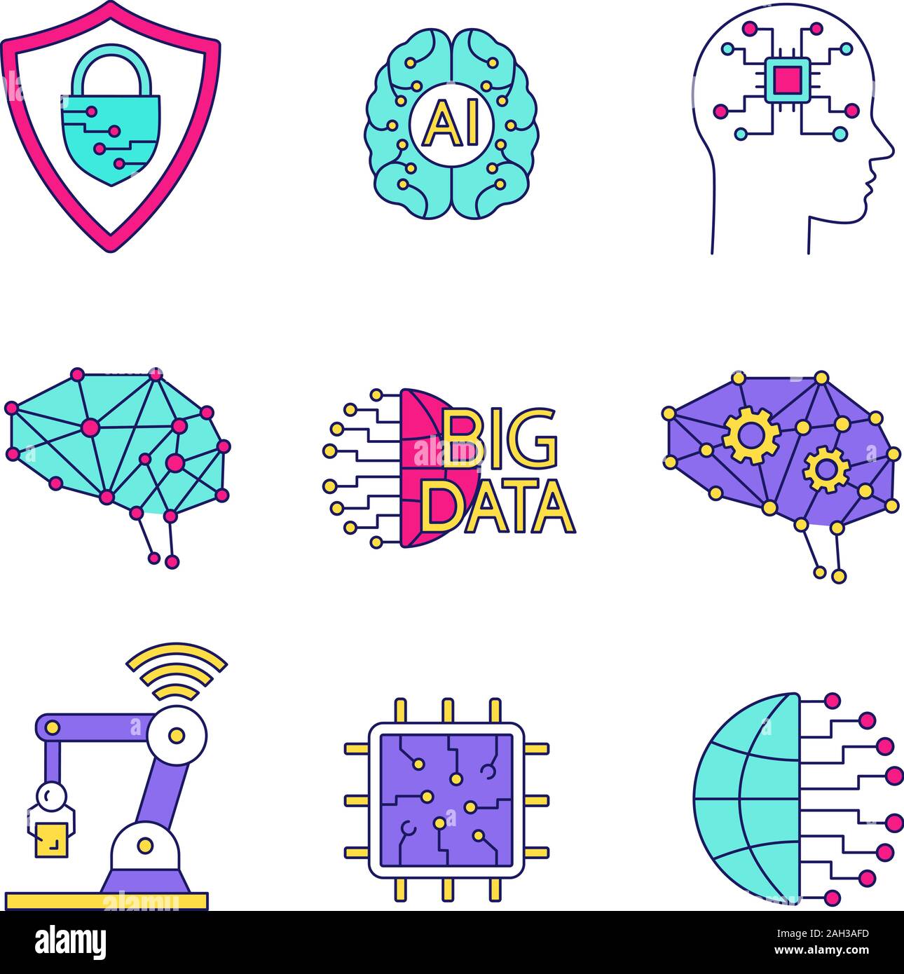 Artificial intelligence color icons set. Neurotechnology. Cybersecurity ...