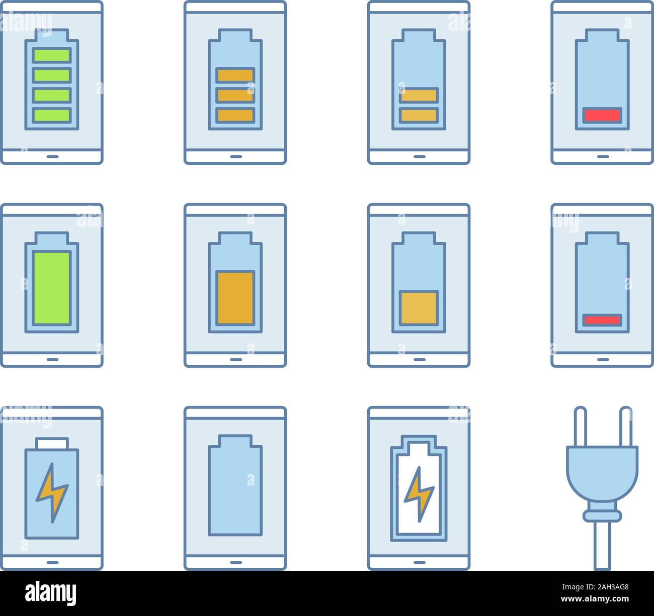 Smartphone battery charging color icons set. Mobile phone battery level ...