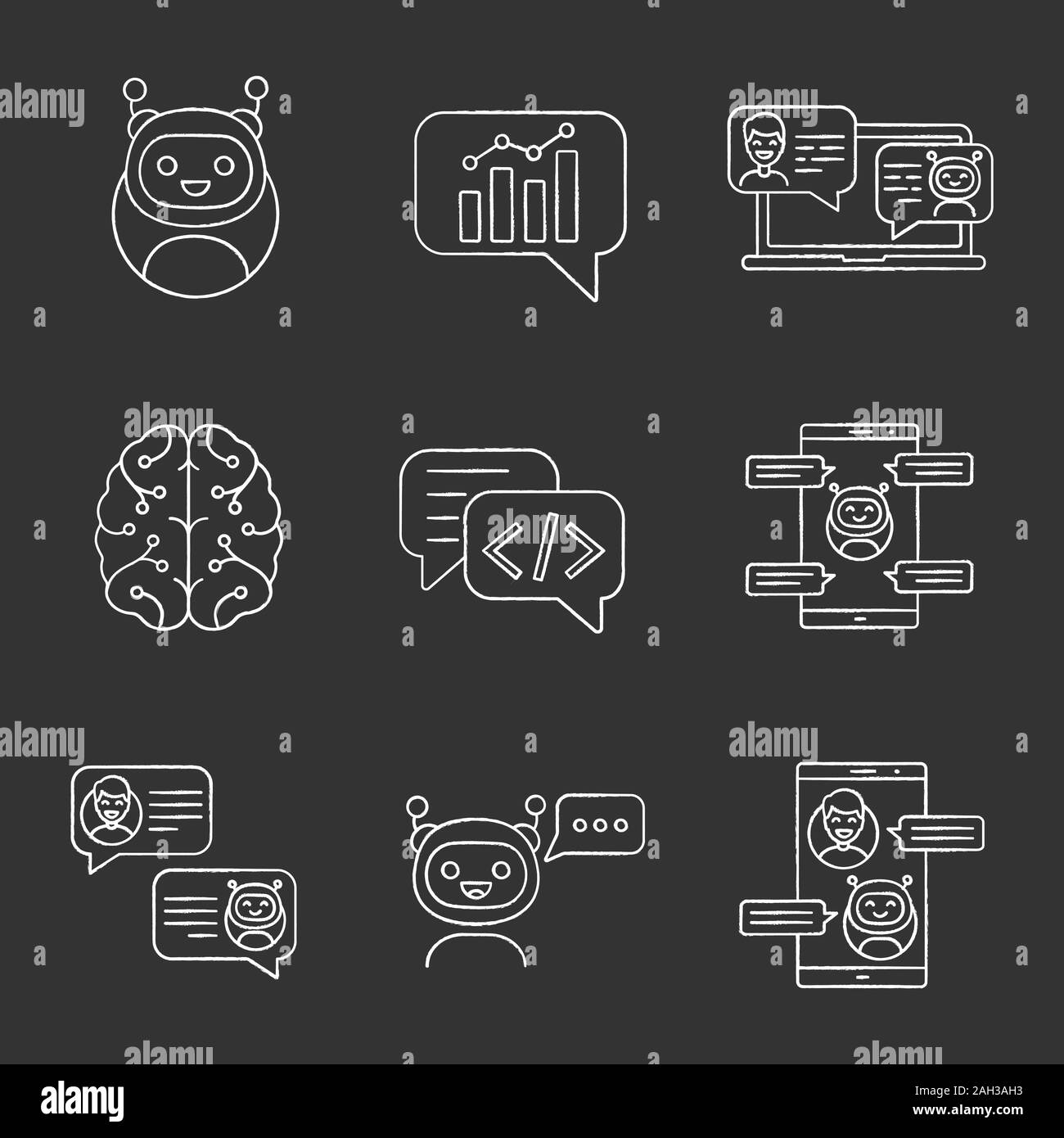 Chatbots chalk icons set. Talkbots. Graph, support, code, messenger ...
