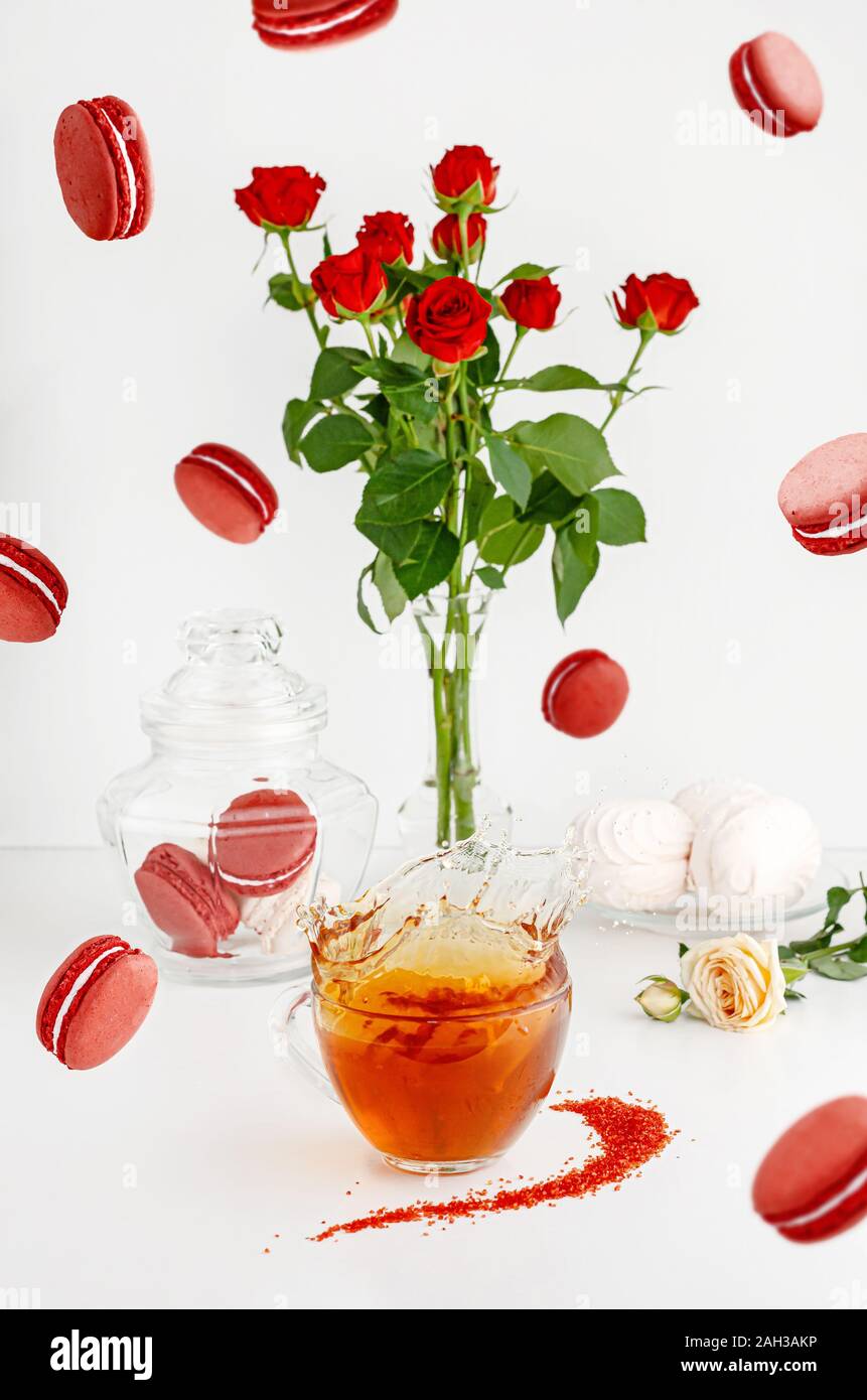 Flying food and still life concept. Breakfast desserts on white ...